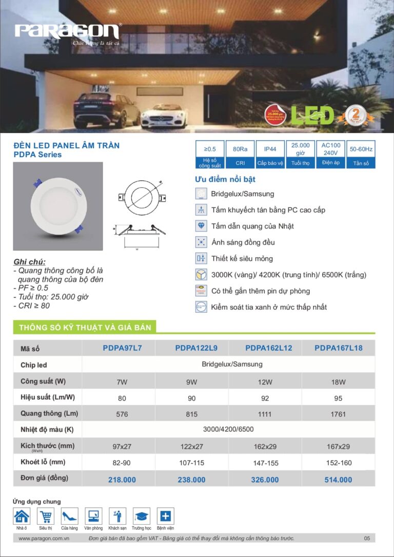 Bảng Giá Đèn LED Paragon 2024 - Đèn Led Paragon Chính Hãng